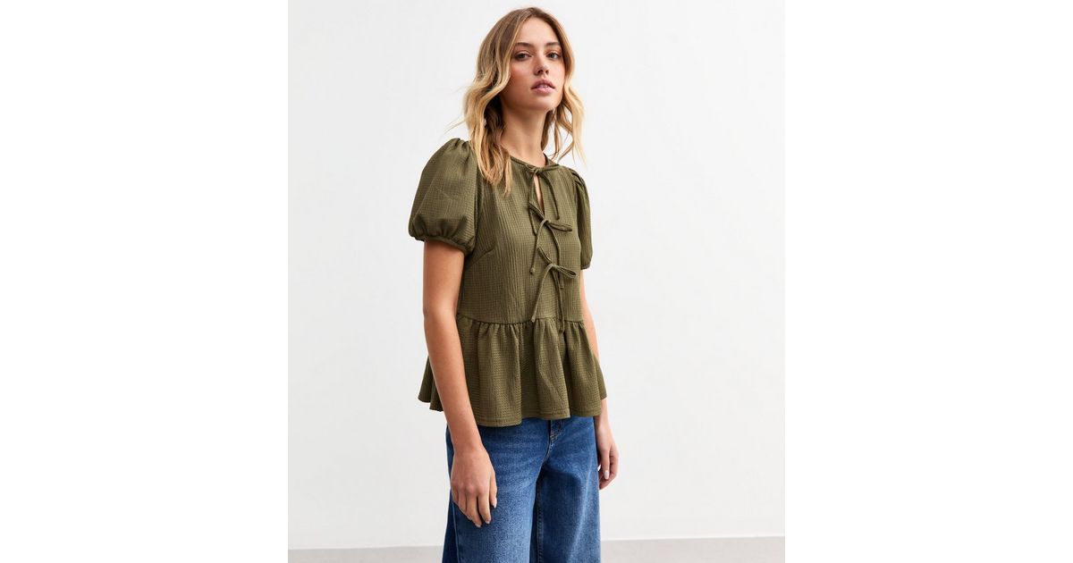 Khaki Green Crinkle Texture Tie Front Smock Top | New Look
