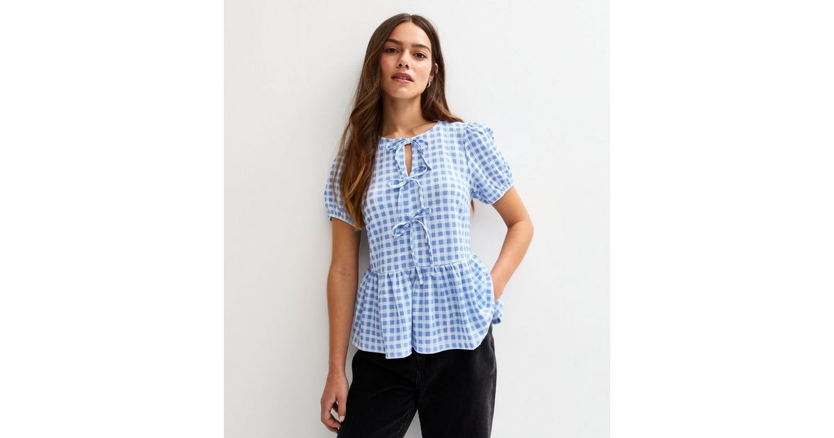 Petite Blue Gingham Check Tie Front Top | New Look