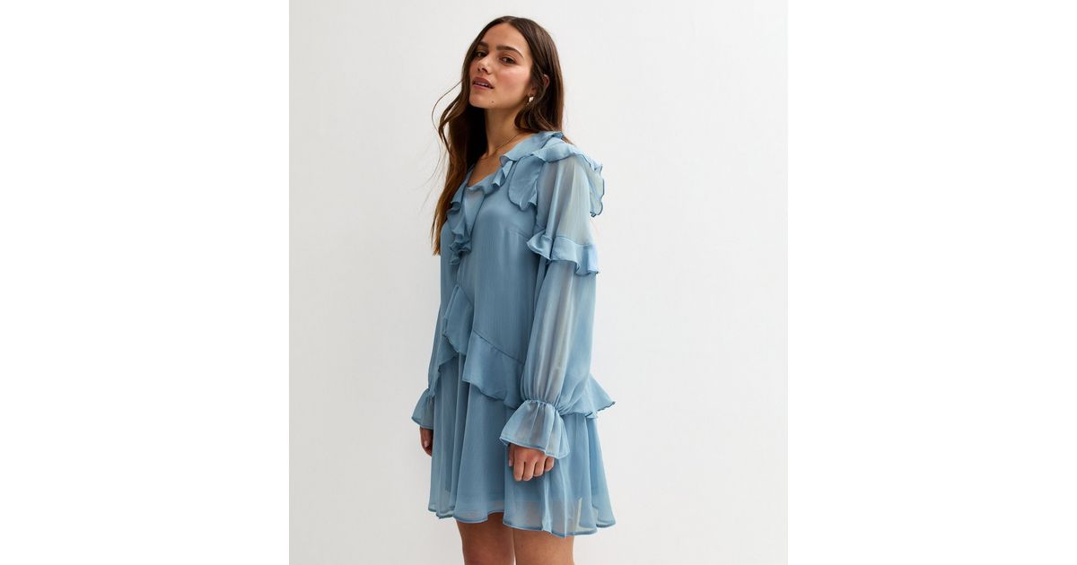 Petite Blue Ruffle Trimmed Mini Dress | New Look
