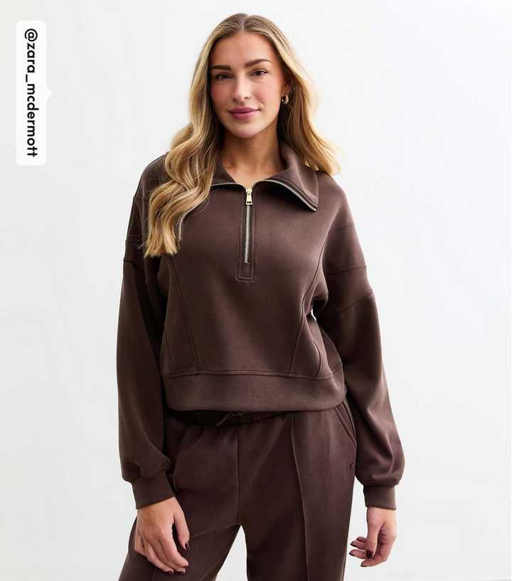 Rise by Zara McDermott Brown Scuba Quarter Zip Jumper | New Look