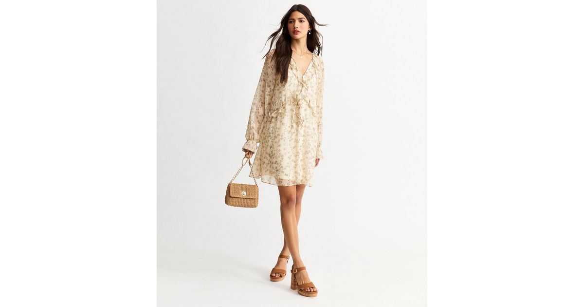 Cream Floral Print Frilly Trim Chiffon Mini Dress | New Look