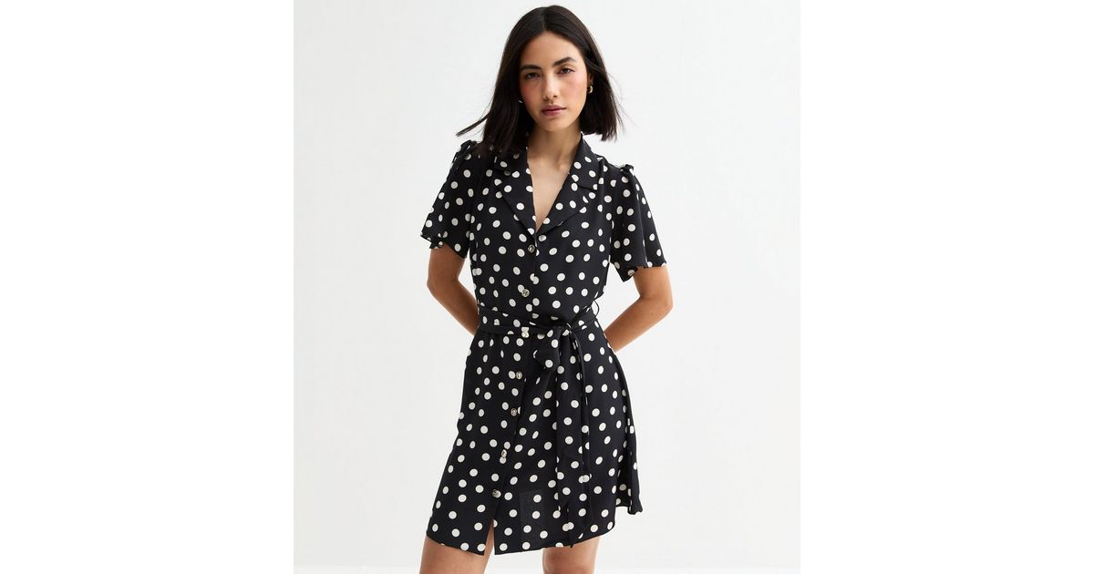 Black Polka Dot Mini Shirt Dress | New Look