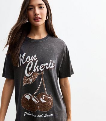 Dark Grey Oversized Cherry Print Cotton T-Shirt | New Look