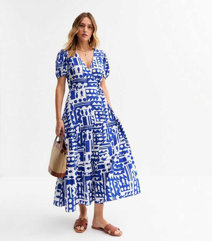 Blue Fish Print Wrap Midi Dress | New Look