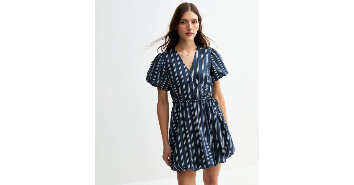 Blue Stripe Print Puffball Wrap Mini Dress | New Look