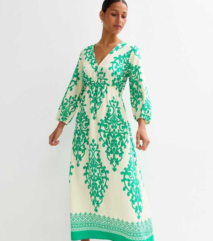 Green Paisley Print V-Neck Smock Midi Dress | New Look