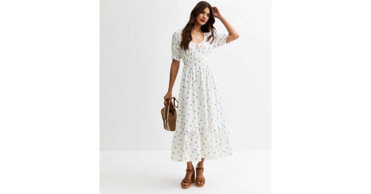 White Floral Print Milkmaid Midi Dress | New Look