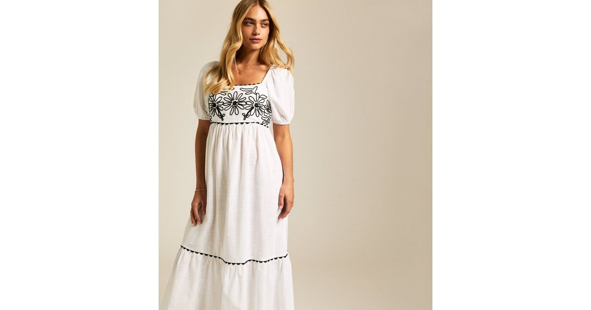White Floral Embroidered Smock Midi Dress | New Look