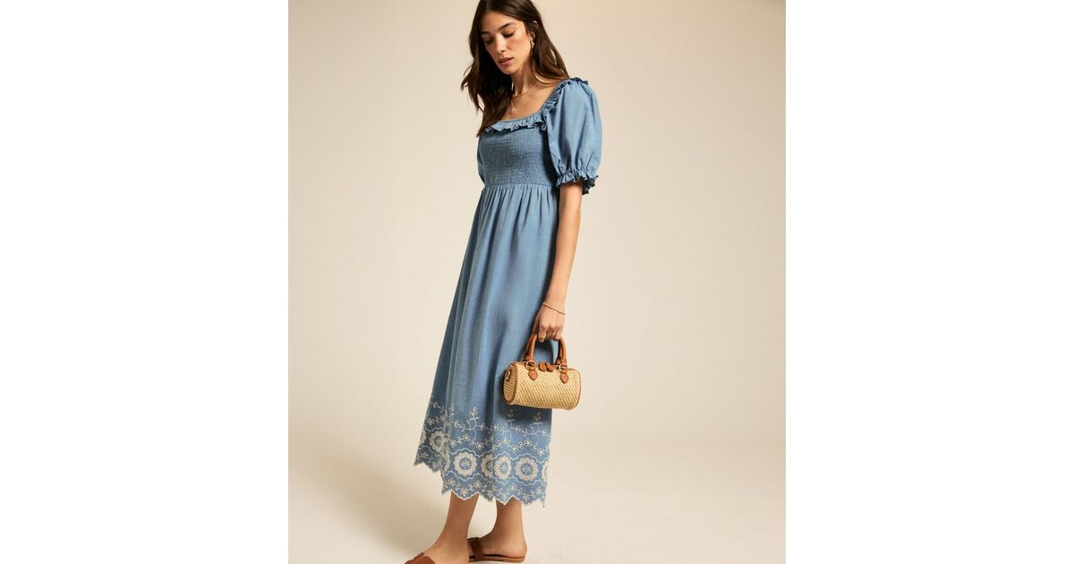 Blue Floral Embroidered Frilly Trim Midi Dress | New Look