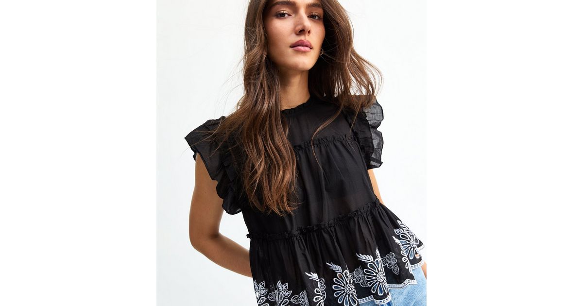 Black Floral Embroidered Frilly Trim Top | New Look