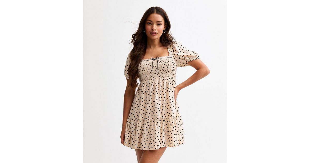 Petite Cream Polka Dot Milkmaid Mini Dress | New Look