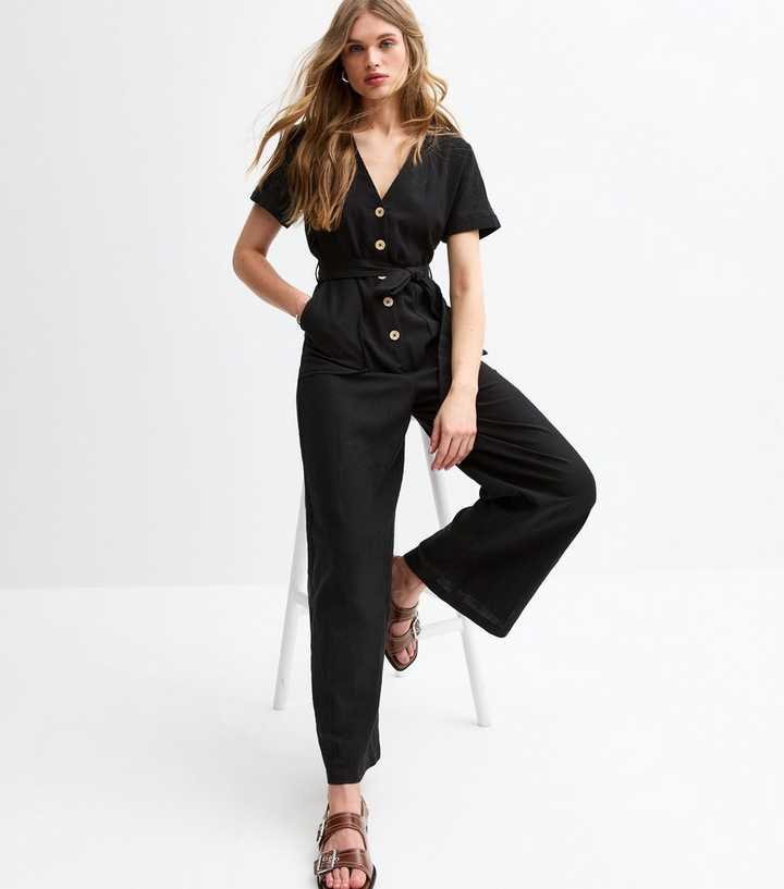 Black V-Neck Button Front Jumpsuit | New Look