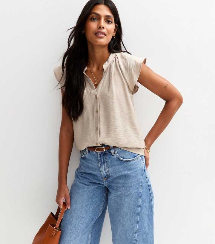 Stone Flutter Sleeve Button Up Top | New Look