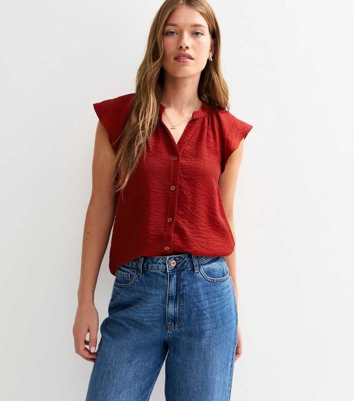 Rust Flutter Sleeve Button Up Top | New Look