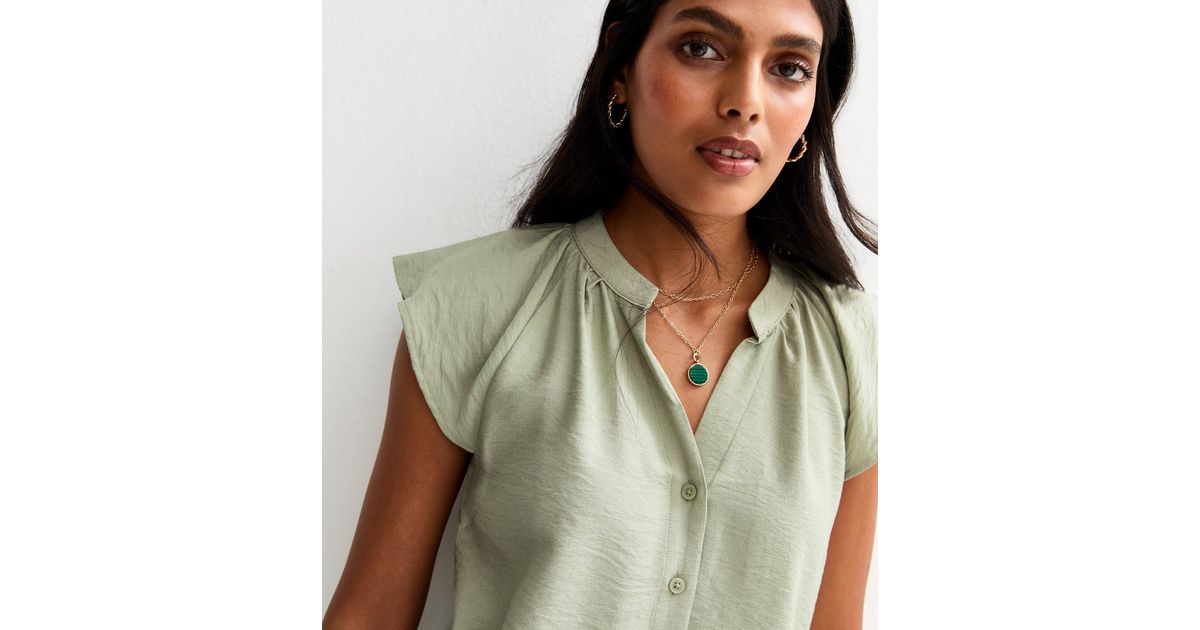 Light Green Flutter Sleeve Button Up Top | New Look