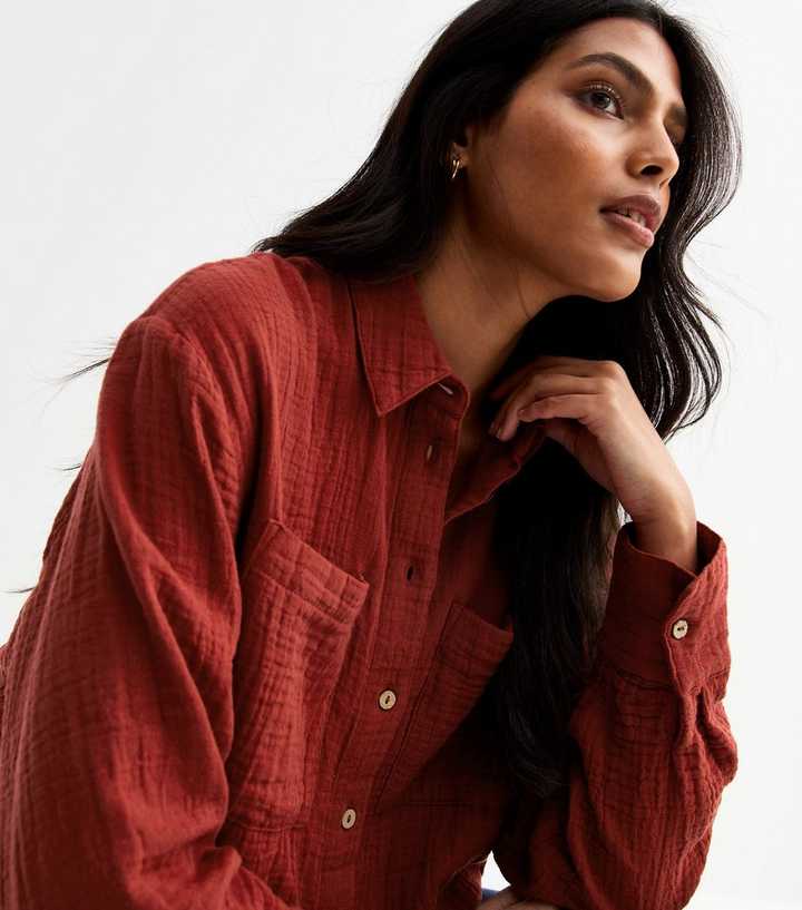 Rust Crinkled Texture Cotton Shirt | New Look