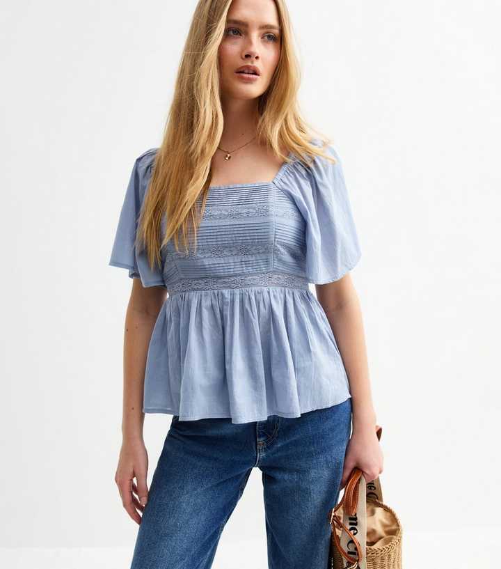 Blue Lace Pleated Bodice Milkmaid Top | New Look