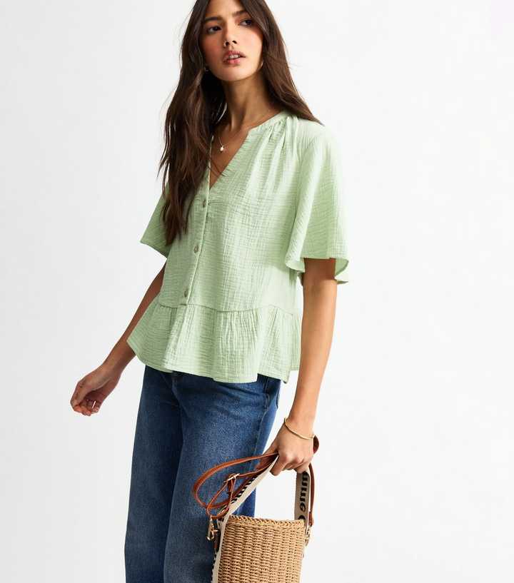 Green Textured Peplum Hem Blouse | New Look