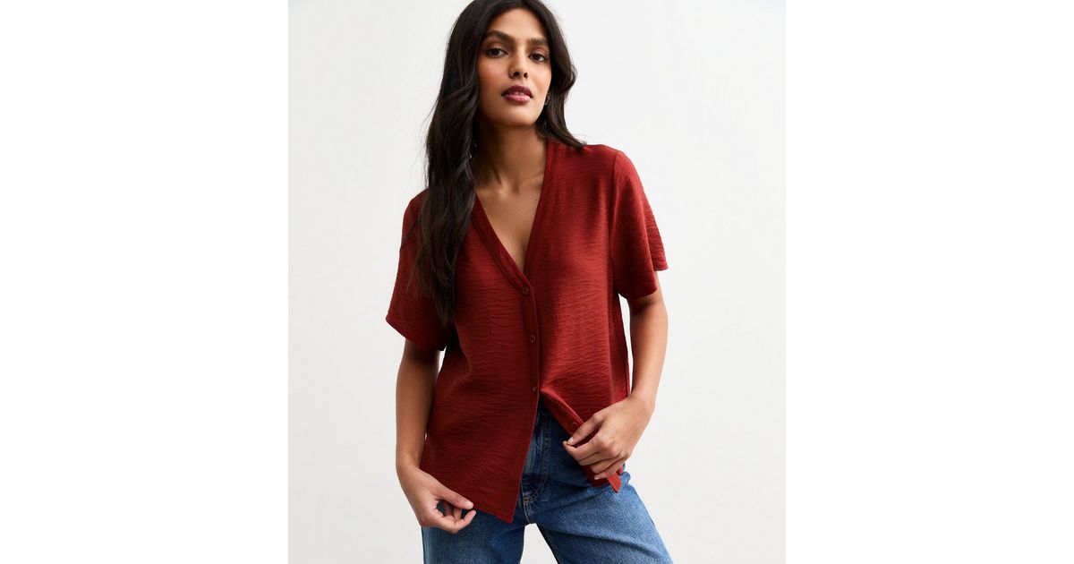 Rust V-Neck Button Up Top | New Look
