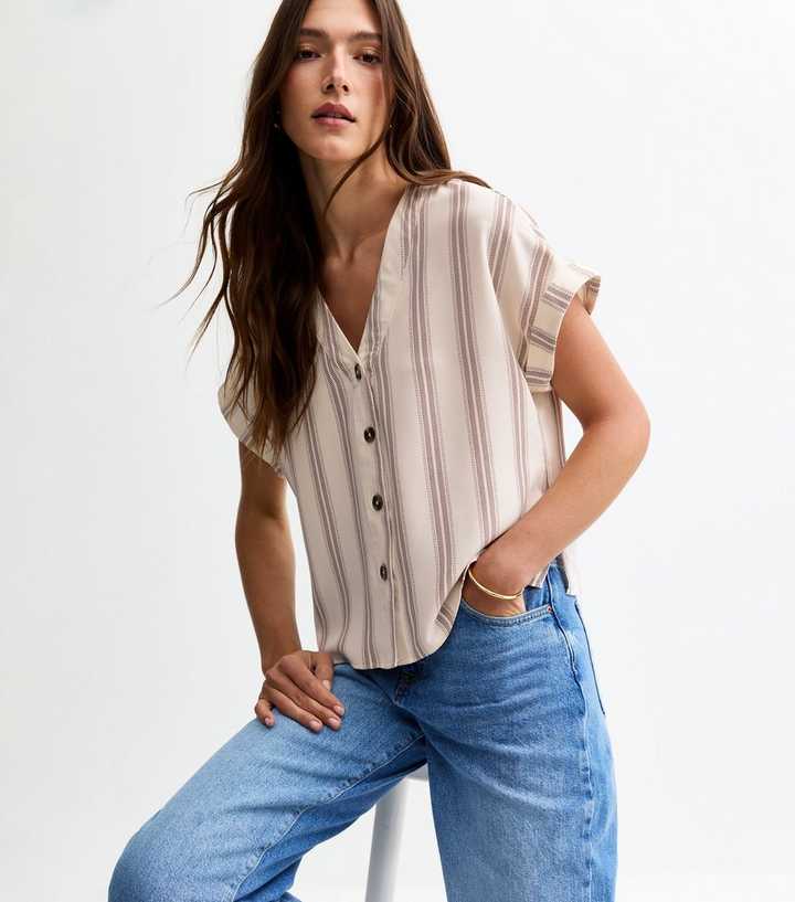 Mink Striped Button Up Top | New Look
