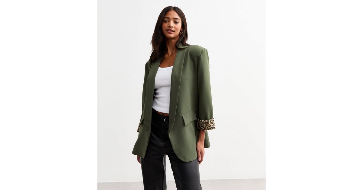 Gini London Green Leopard Cuff Blazer | New Look