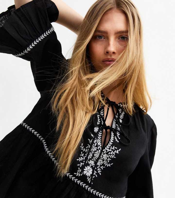 Black Floral Embroidered Tie Front Smock Top | New Look