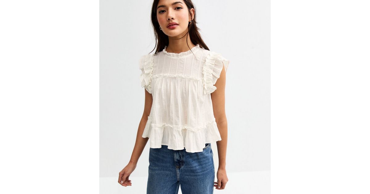 White Ruffle Trimmed High Neck Top | New Look
