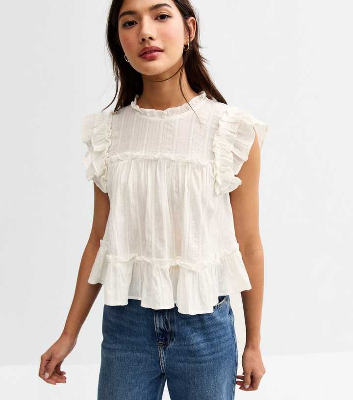 White Ruffle Trimmed High Neck Top | New Look