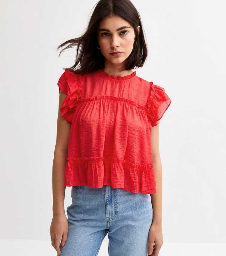 Red Ruffle Trimmed Semi Sheer Top | New Look