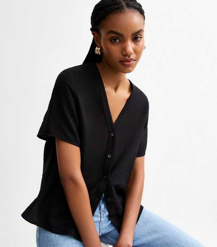 Tall Black V-Neck Button Front Top | New Look