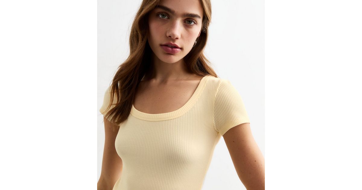 Pale Yellow Scoop Neck Rib Jersey T-Shirt | New Look