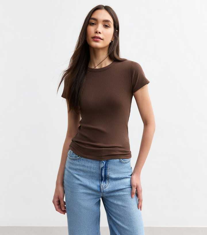 Dark Brown Crew Neck Rib Jersey Top | New Look