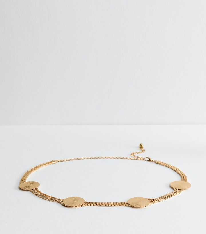 Gold Tone Textured Disc Snake Chain Belt | New Look
