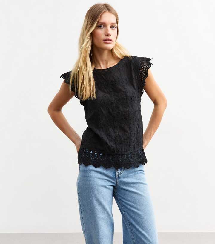 Black Crochet Detail Scallop Edge Blouse | New Look
