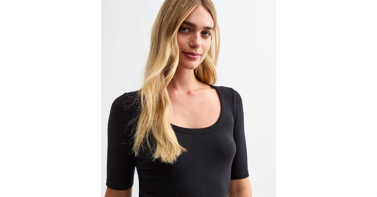 Black Scoop Neck Half Sleeve Rib Jersey Top | New Look