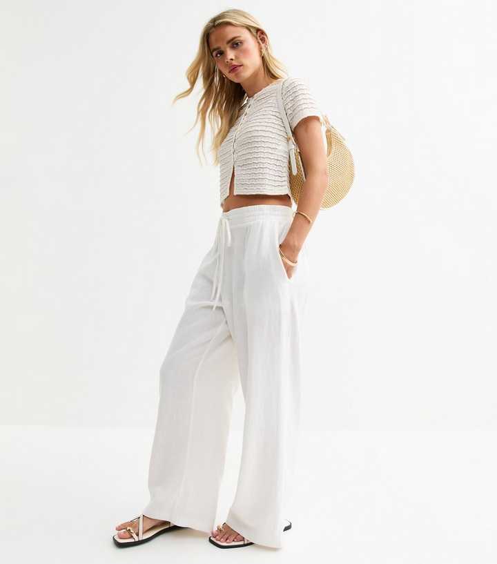 Petite White Linen Blend Drawstring Trousers | New Look
