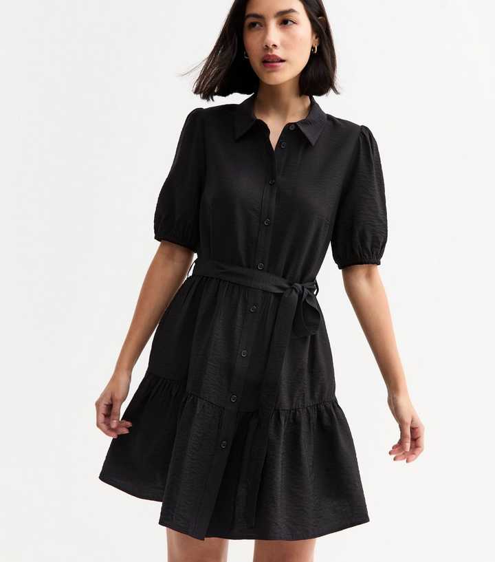 Black Textured Belted Tiered Shirt Dress | New Look