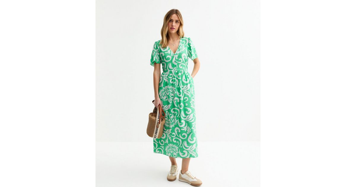 Green Pattern Print Buttoned Midi Dress | New Look