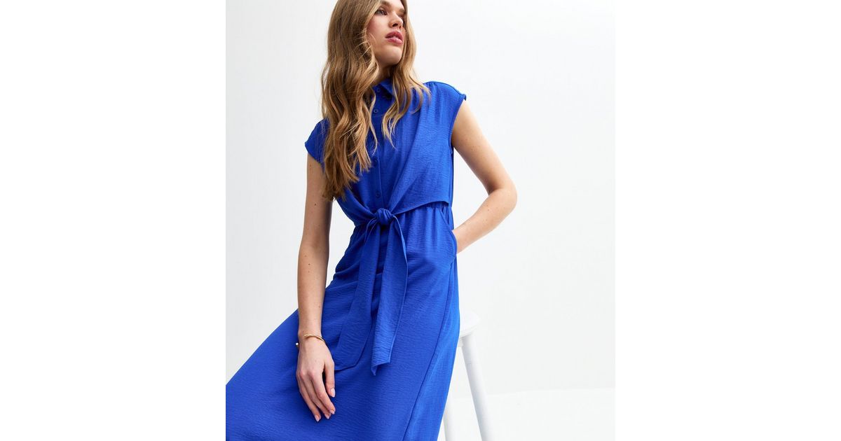 Bright Blue Crinkle Texture Tie Front Midi Shirt Dress | New Look