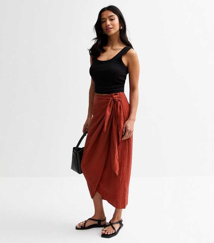 Petite Dark Red Satin Sarong Midi Skirt | New Look