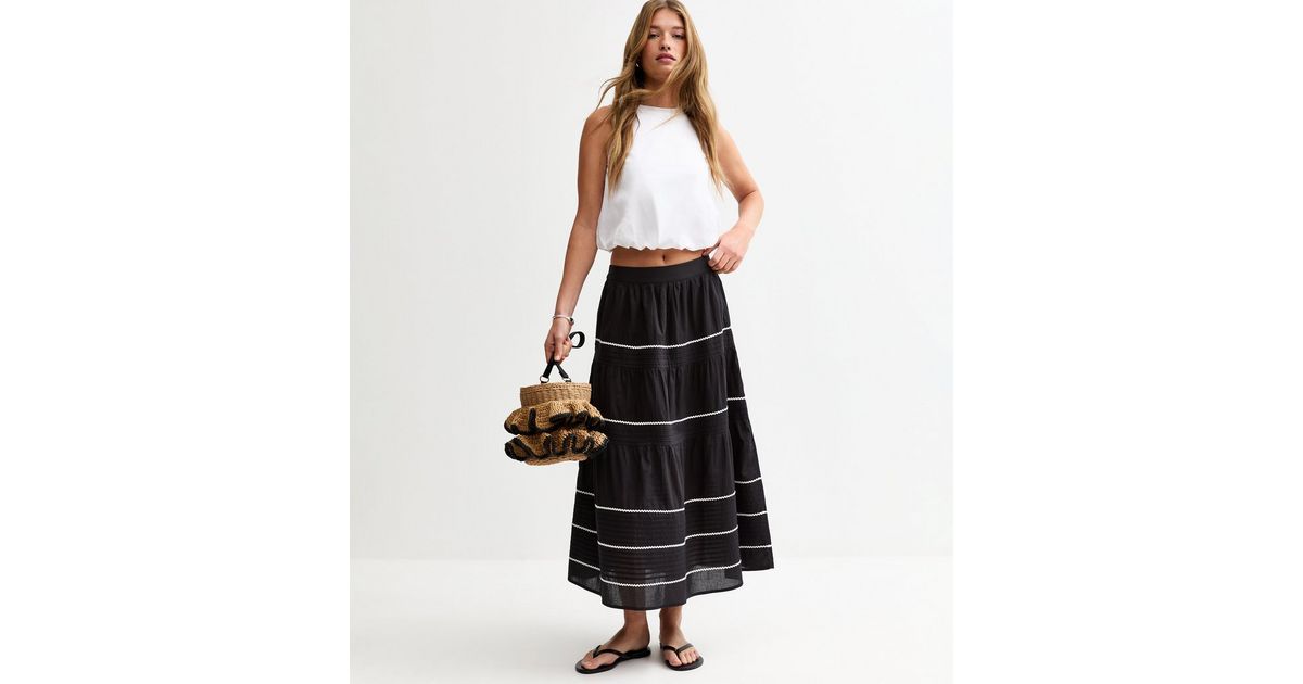 Black Ric Rac Tiered Midi Skirt | New Look
