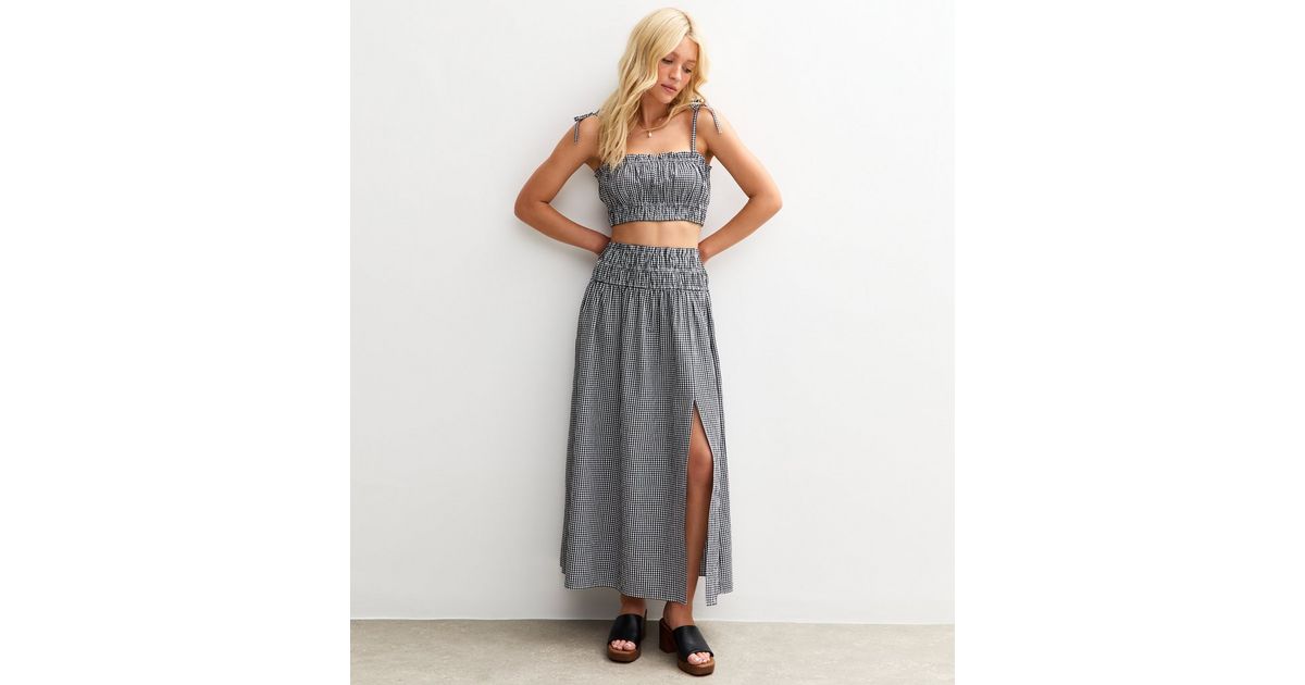 Black Gingham Check Slit Hem Maxi Skirt | New Look