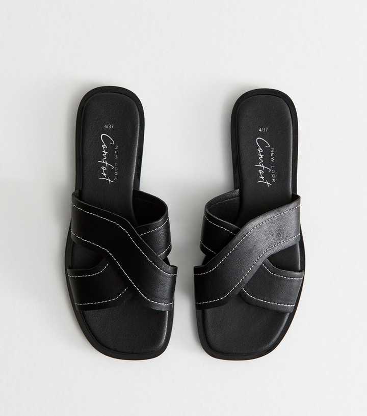 Black Faux Leather Crossover Strap Mule Sandals | New Look