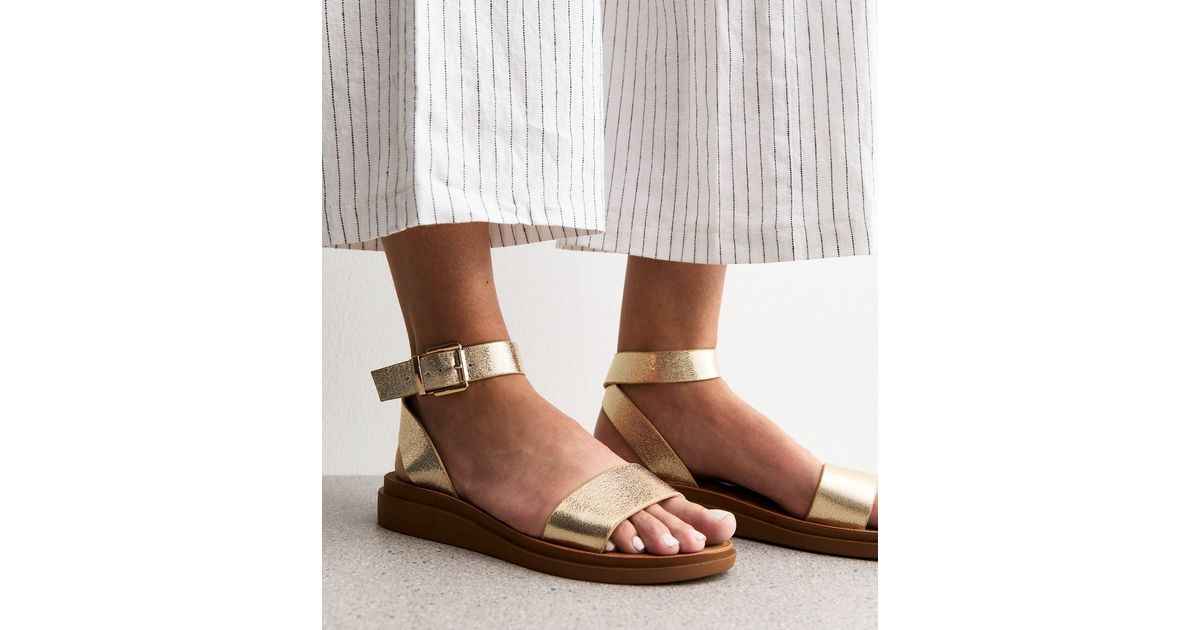 Gold Faux Leather Open Toe Sandals | New Look
