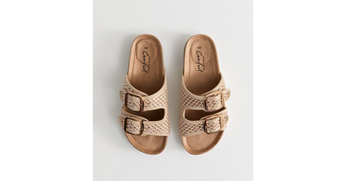 Off White Raffia Look Buckled Strap Mule Sandals | New Look