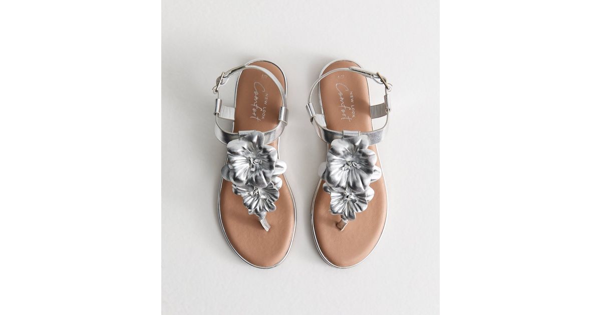 Silver Faux Leather Hyacinth Flower Embellished Flat Sandals | New Look