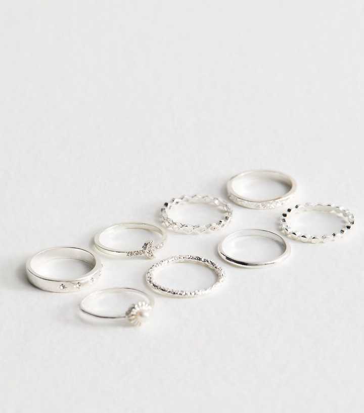 Pack of 8 Silver Tone Celestial Rings | New Look