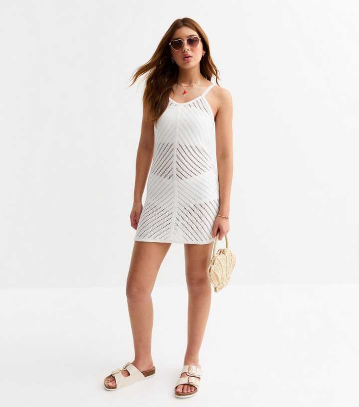 Girls Off White Crochet Open Knit Mini Dress | New Look