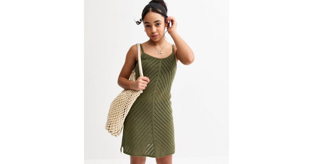 Girls Khaki Green Crochet Open Knit Mini Dress | New Look