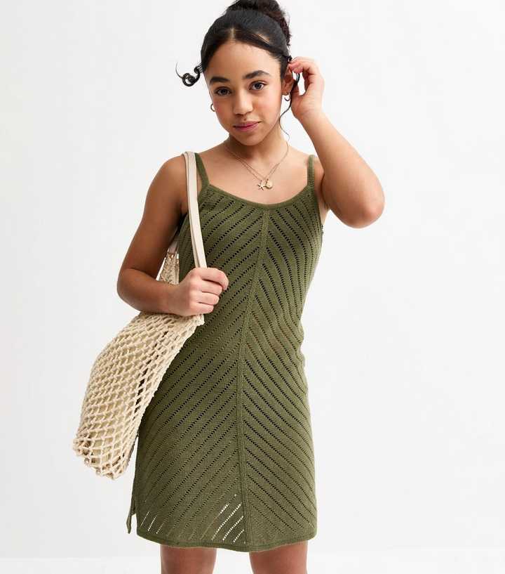 Girls Khaki Green Crochet Open Knit Mini Dress | New Look